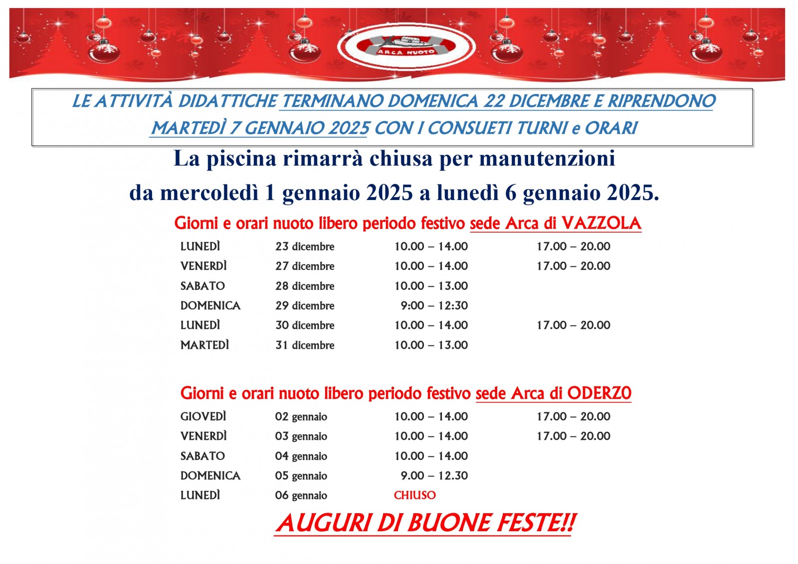 FESTIVITA' NATALIZIE 2024 | Piscina di Vazzola